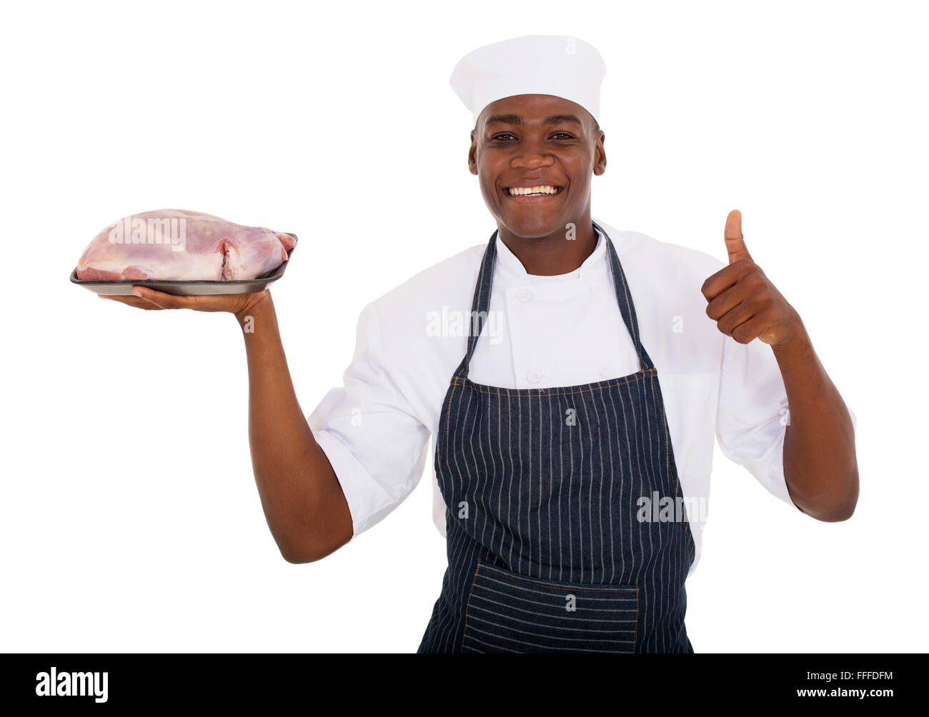 handsome male African butcher holding raw meat and giving thumb up ...