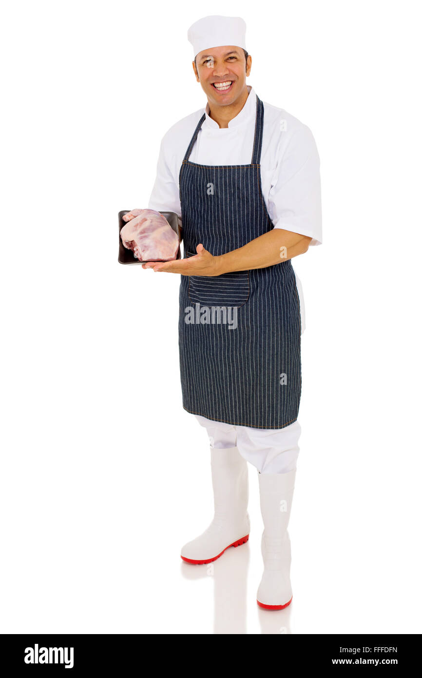 portrait of happy butcher showing fresh meat isolated on white ...