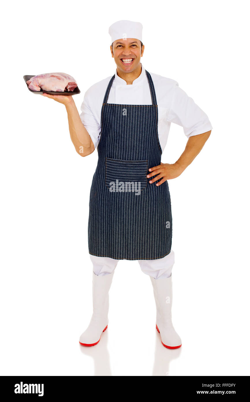 cheerful middle aged chef holding red meat isolated on white Stock ...