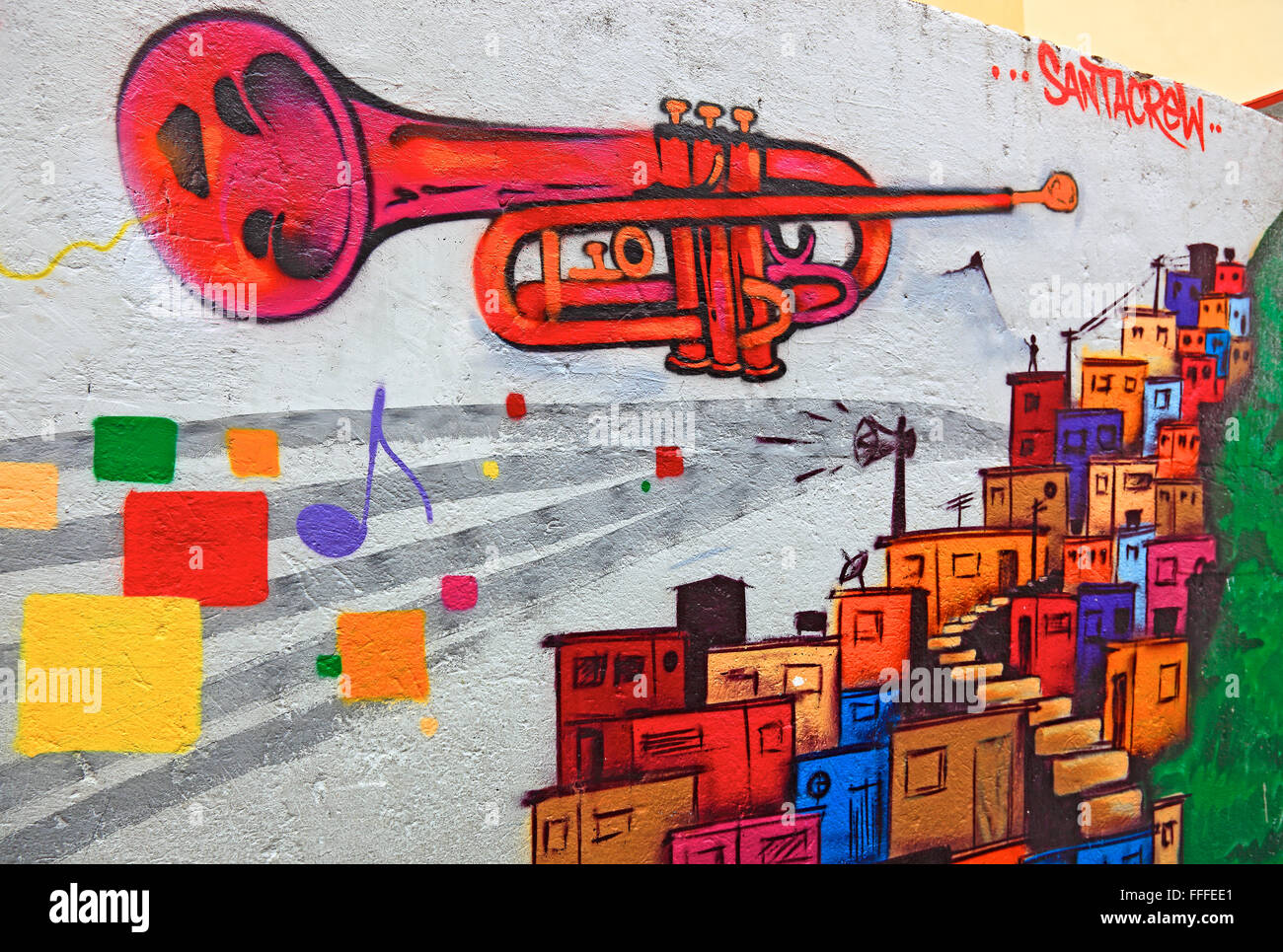 Favela Santa Marta, Rio de Janeiro, Brazil, graffiti with a trumpet ...