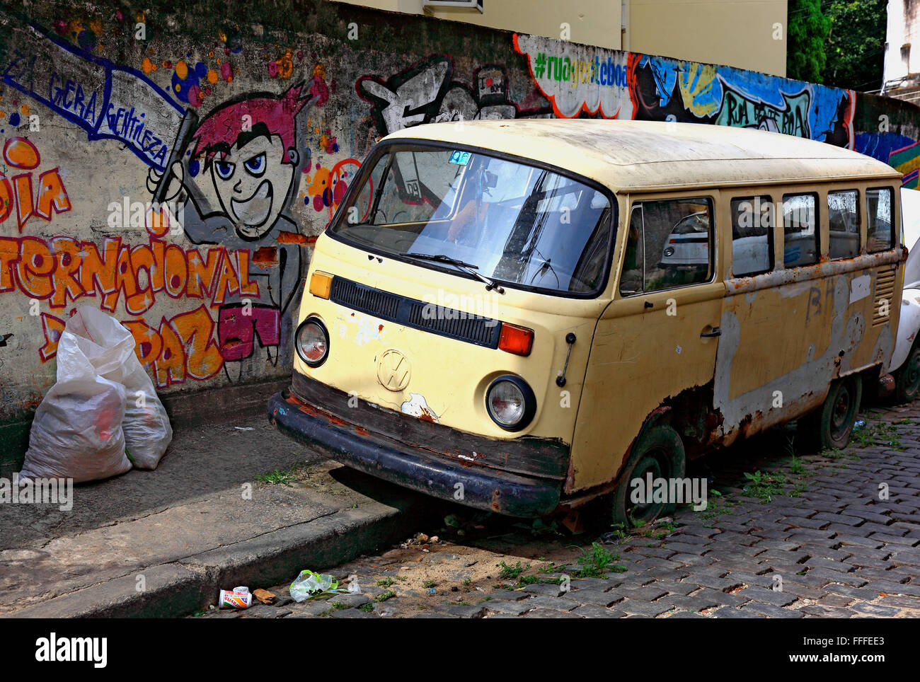 Favela Santa Marta, Rio de Janeiro, Brazil, old VW bus car Stock Photo ...