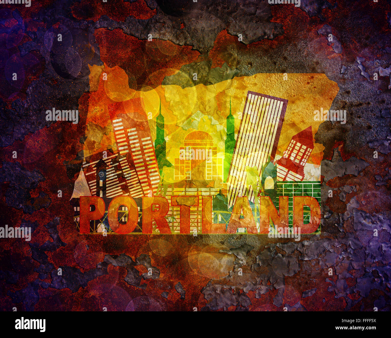 Portland Oregon City Skyline Panorama in State Map Grunge Texture ...