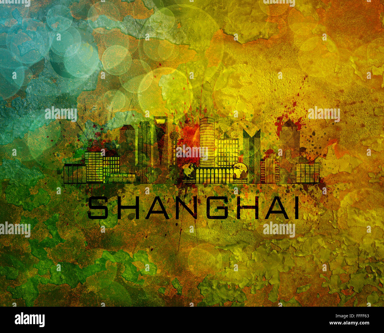 Shanghai China City Skyline with Paint Splatter Abstract on Grunge ...