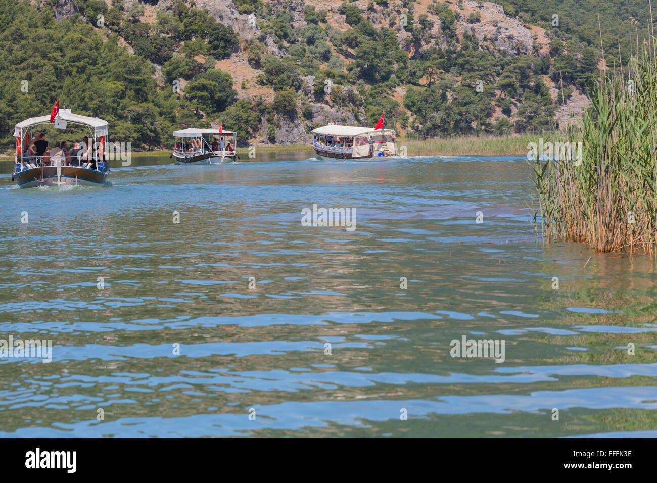 Boats on river Dalyan, Mugla Province, Turkey Stock Photo - Alamy