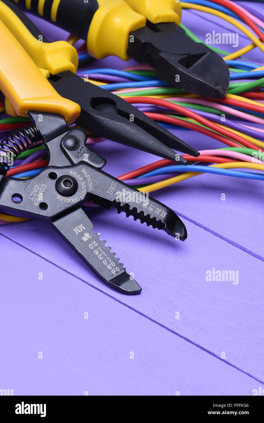 Tools for electrical installation on wooden board Stock Photo - Alamy