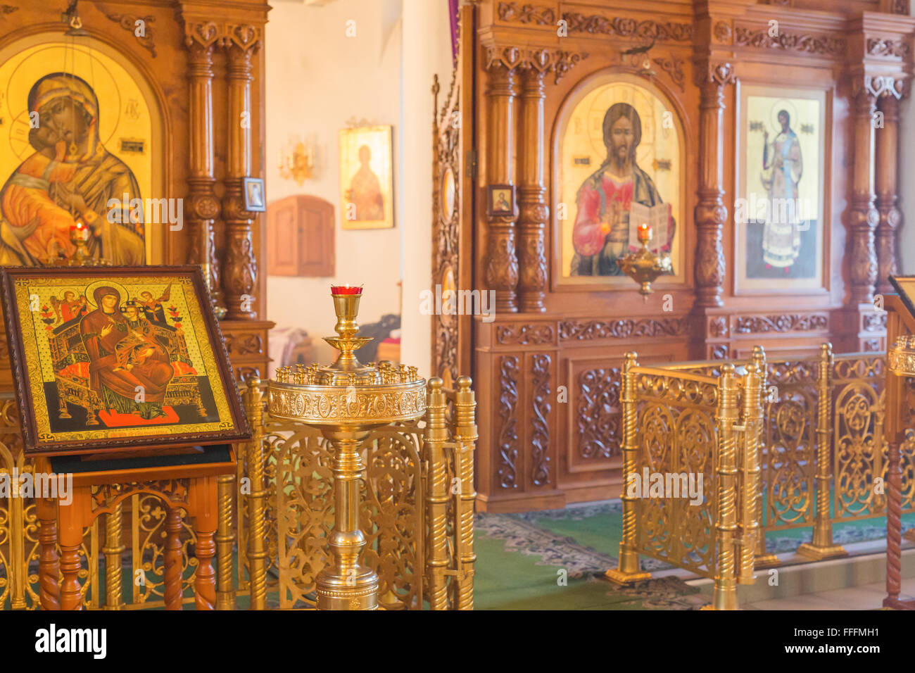 Orthodox church interior during Divine service, Convent of Nativity of ...