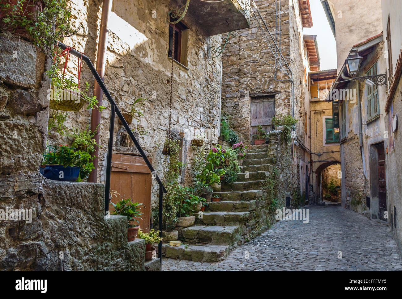 Town center of mountain village Apricale, Ligurian Alps, North West ...