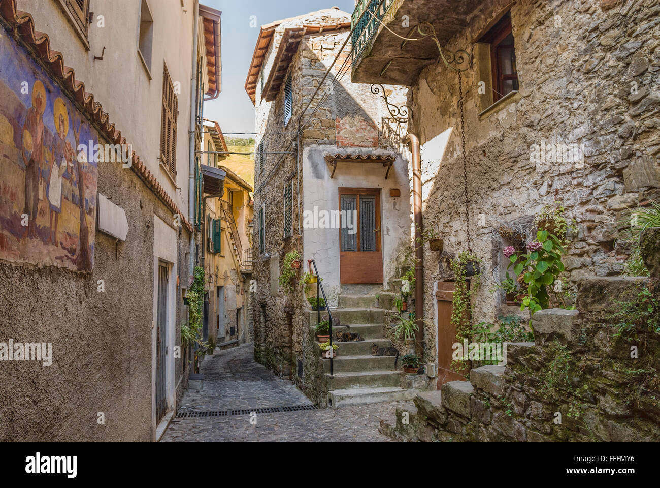 Town center of mountain village Apricale, Ligurian Alps, North West ...
