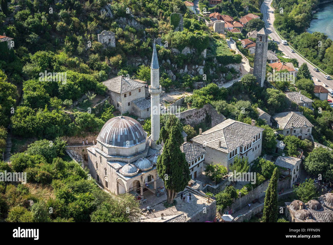 Aerial view from Pocitelj fortress with Hajji Alija Mosque, Sahat Kula ...