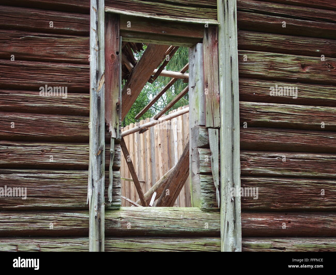 Empty window An old abandoned timber house with an empty window Stock ...