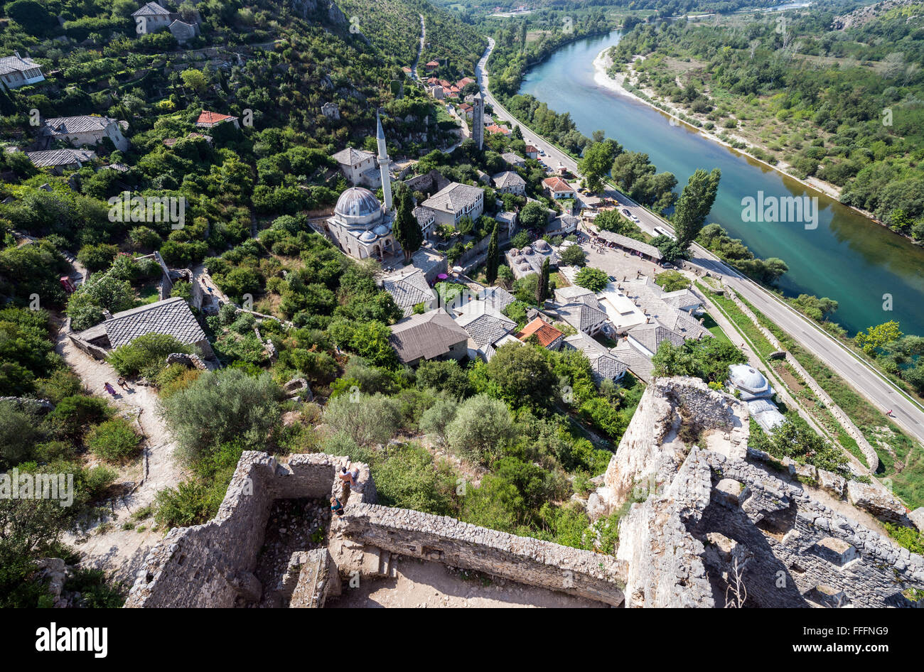 Aerial view from Pocitelj fortress with Hajji Alija Mosque, Sahat Kula ...