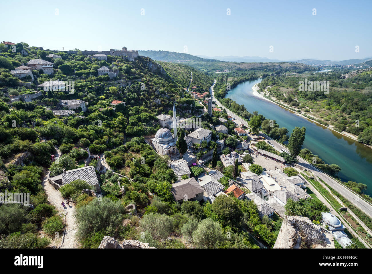 Aerial view from Pocitelj fortress with Hajji Alija Mosque, Sahat Kula ...