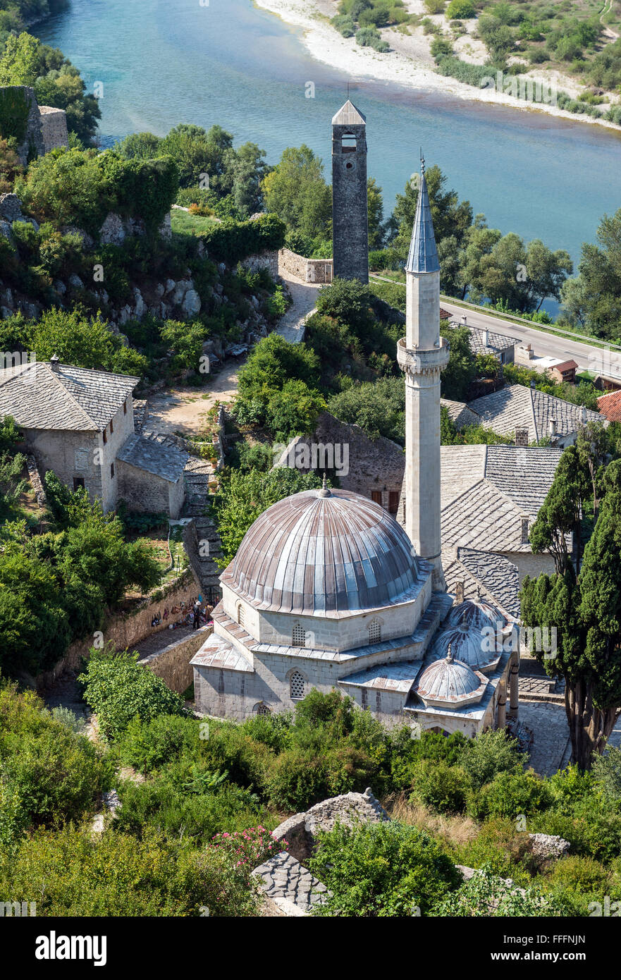 Hajji Alija Mosque and Sahat Kula bell tower in Pocitelj village over ...