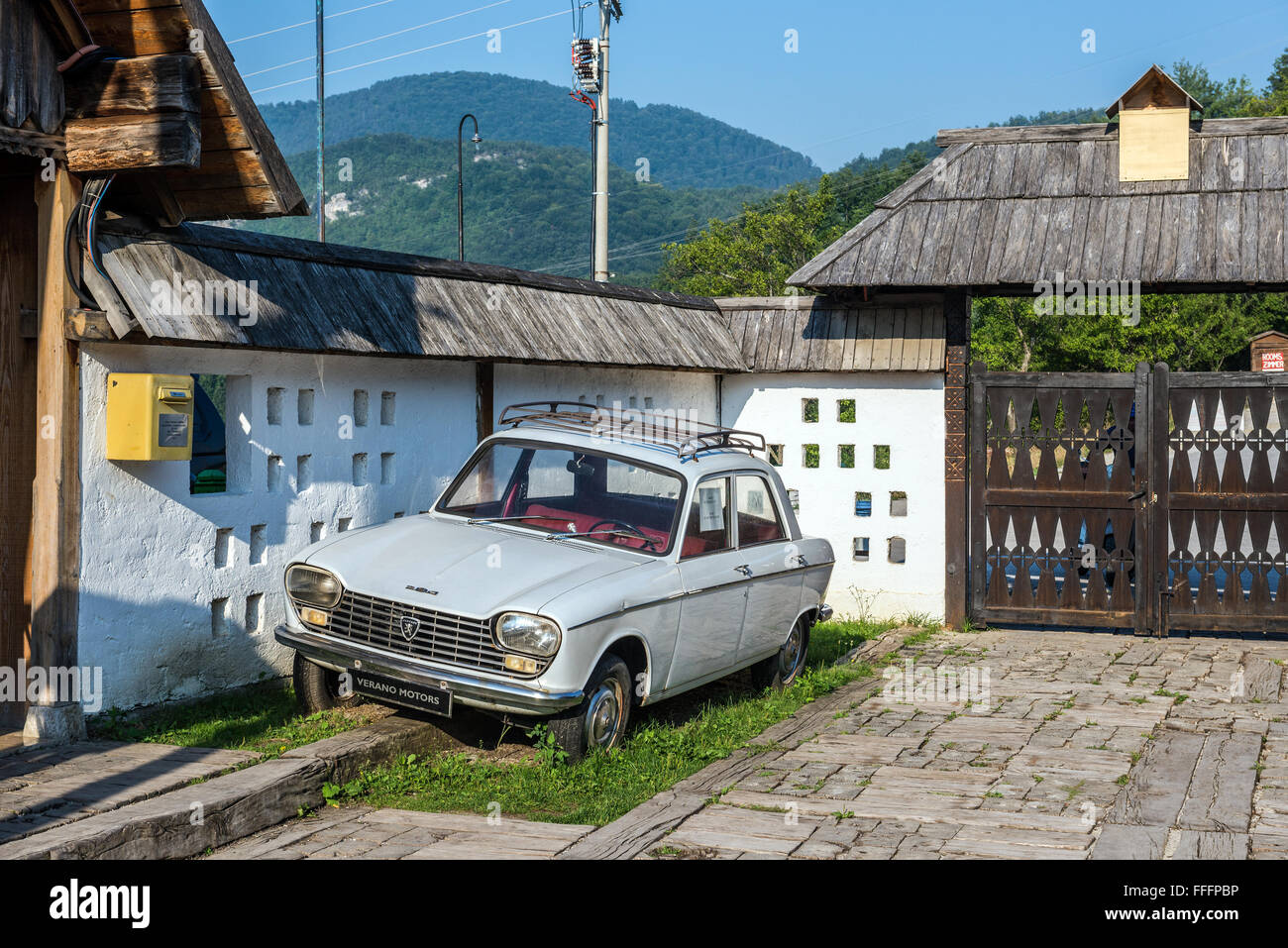 peugeot 204 car in traditional Drvengrad village also called Kustendorf ...