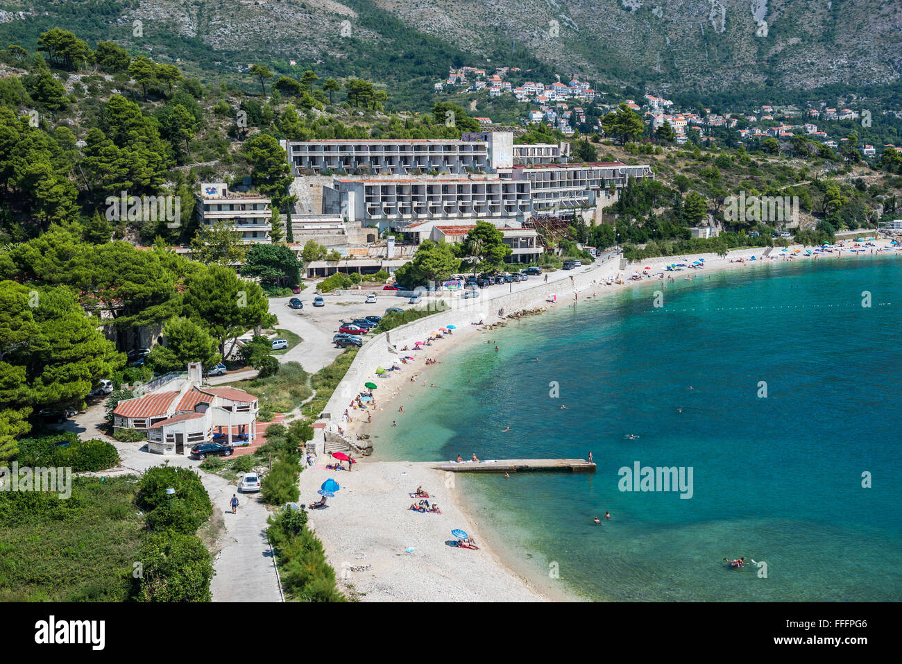 Aerial view on abandoned Goricina Hotel and beach in Kupari tourist ...