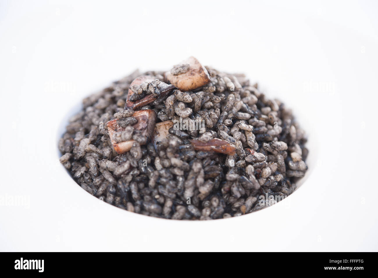 close detail view of white circular plate with black ink squid rice ...