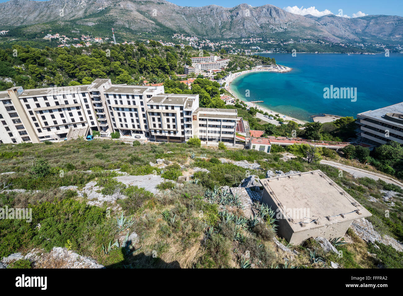 Aerial view on abandoned hotels (Kupari, Pelegrin and Goricina) in ...