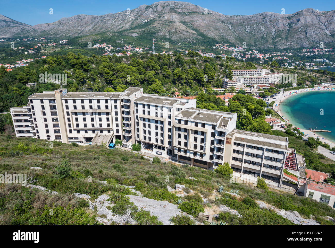 Aerial view on abandoned hotels (Kupari and Goricina) in Kupari ...