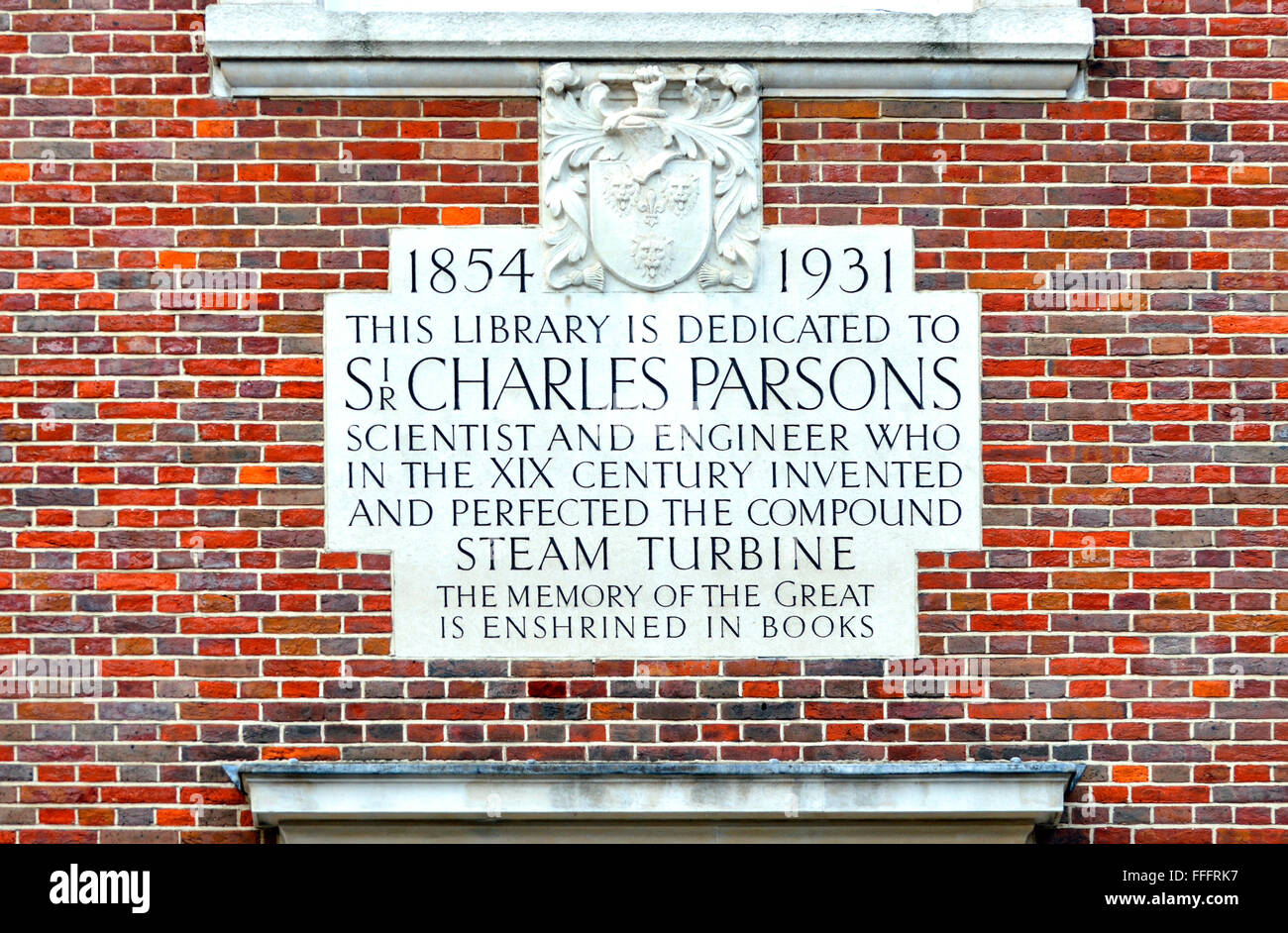 London, England, UK. Plaque on the facade of the Charles Parsons ...