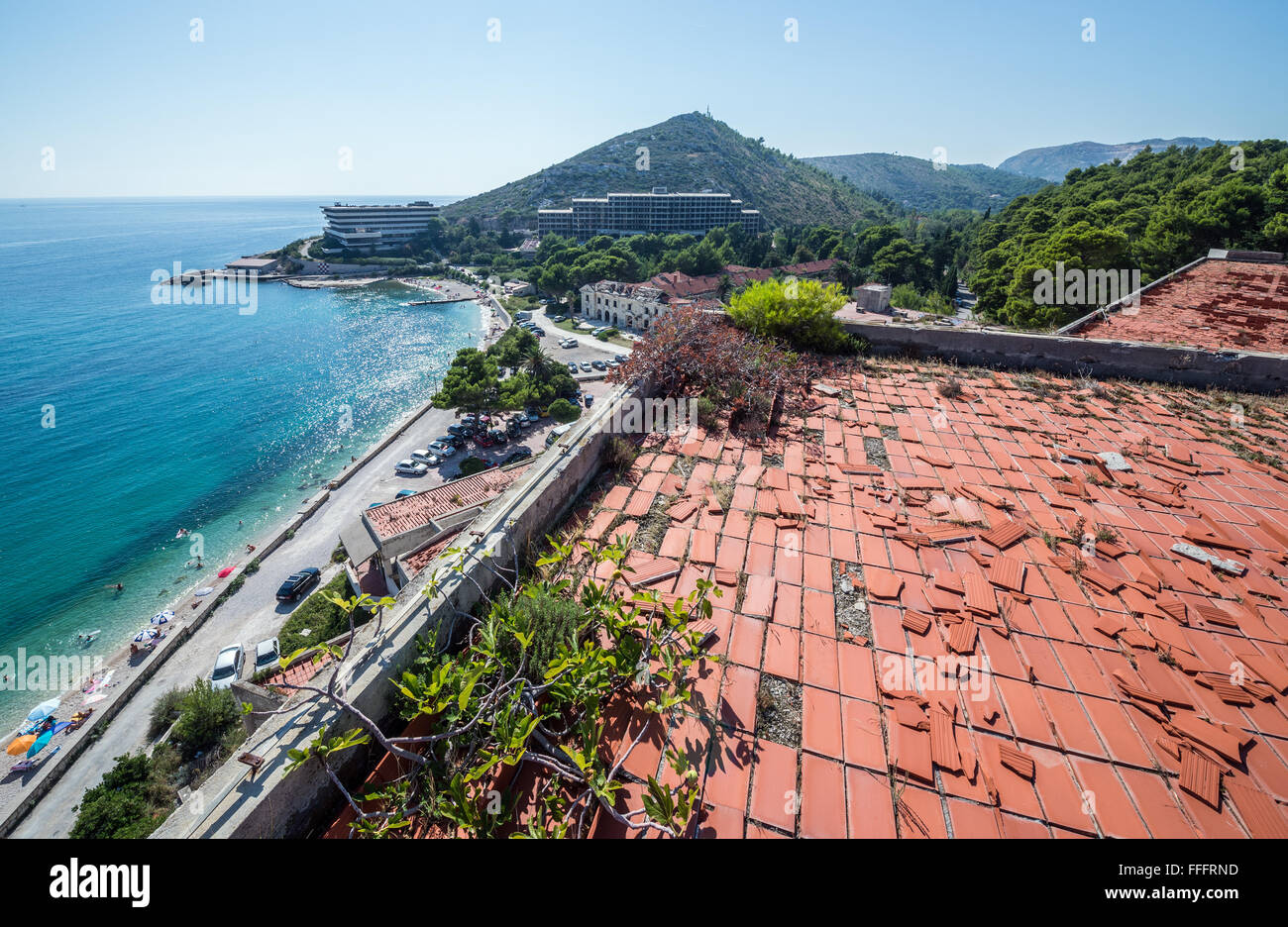 Aerial view from the roof of abandoned Goricina Hotel in Kupari ...