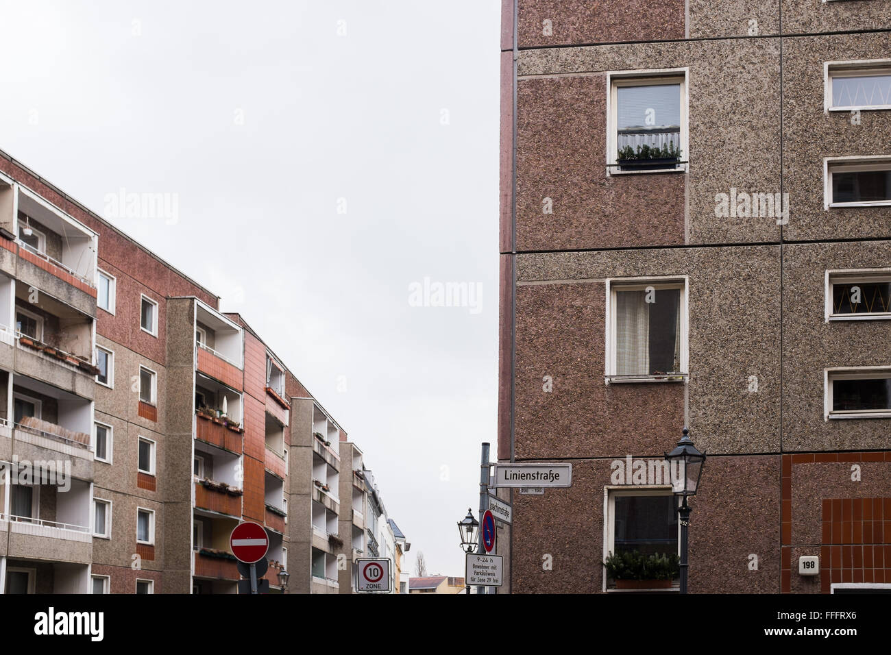 BERLIN - FEBRUARY 11:Original GDR buildings in the Linienstrasse corner ...