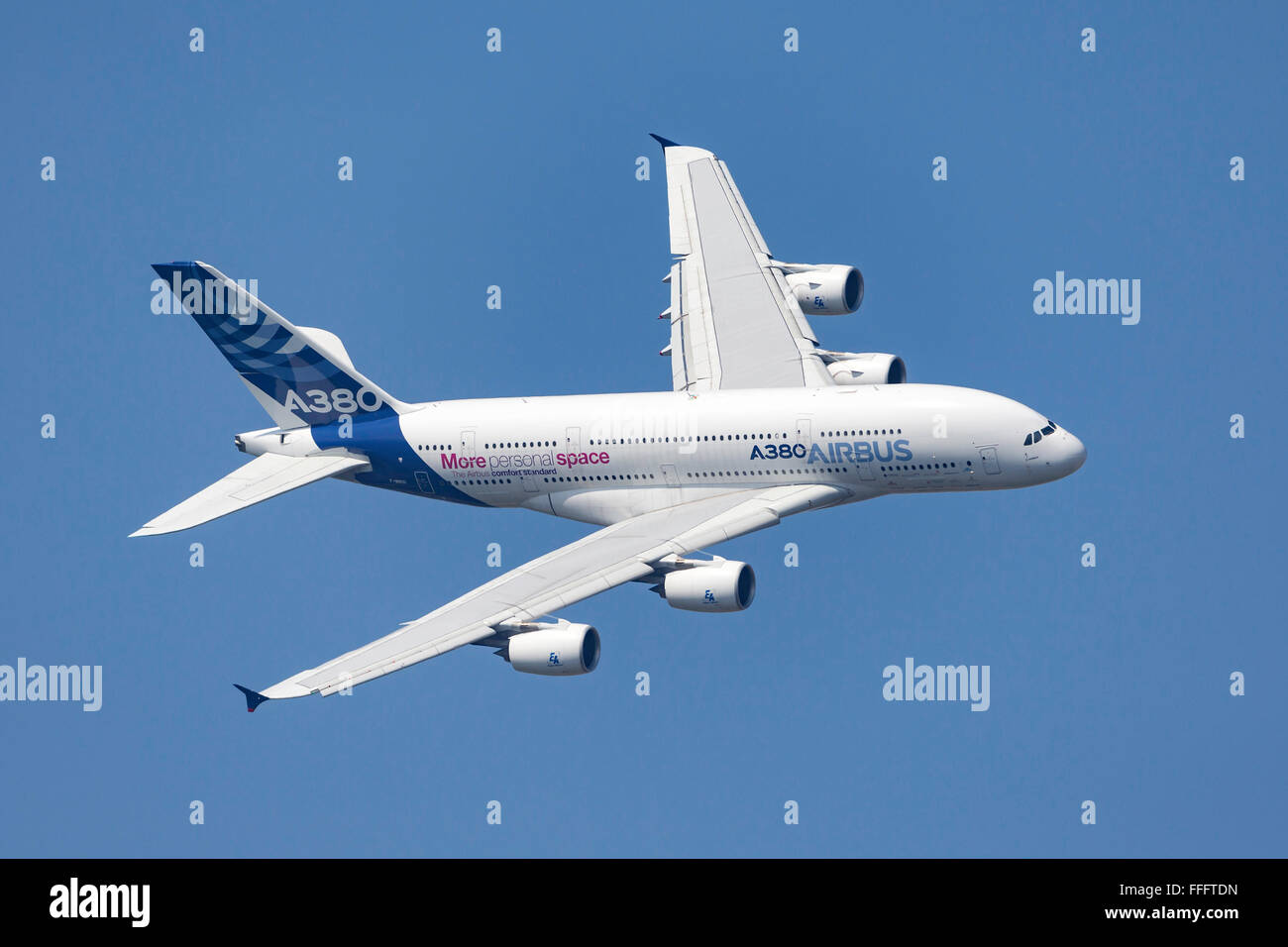 Airbus A380-861 registration F-WWDD flying against a blue sky Stock ...
