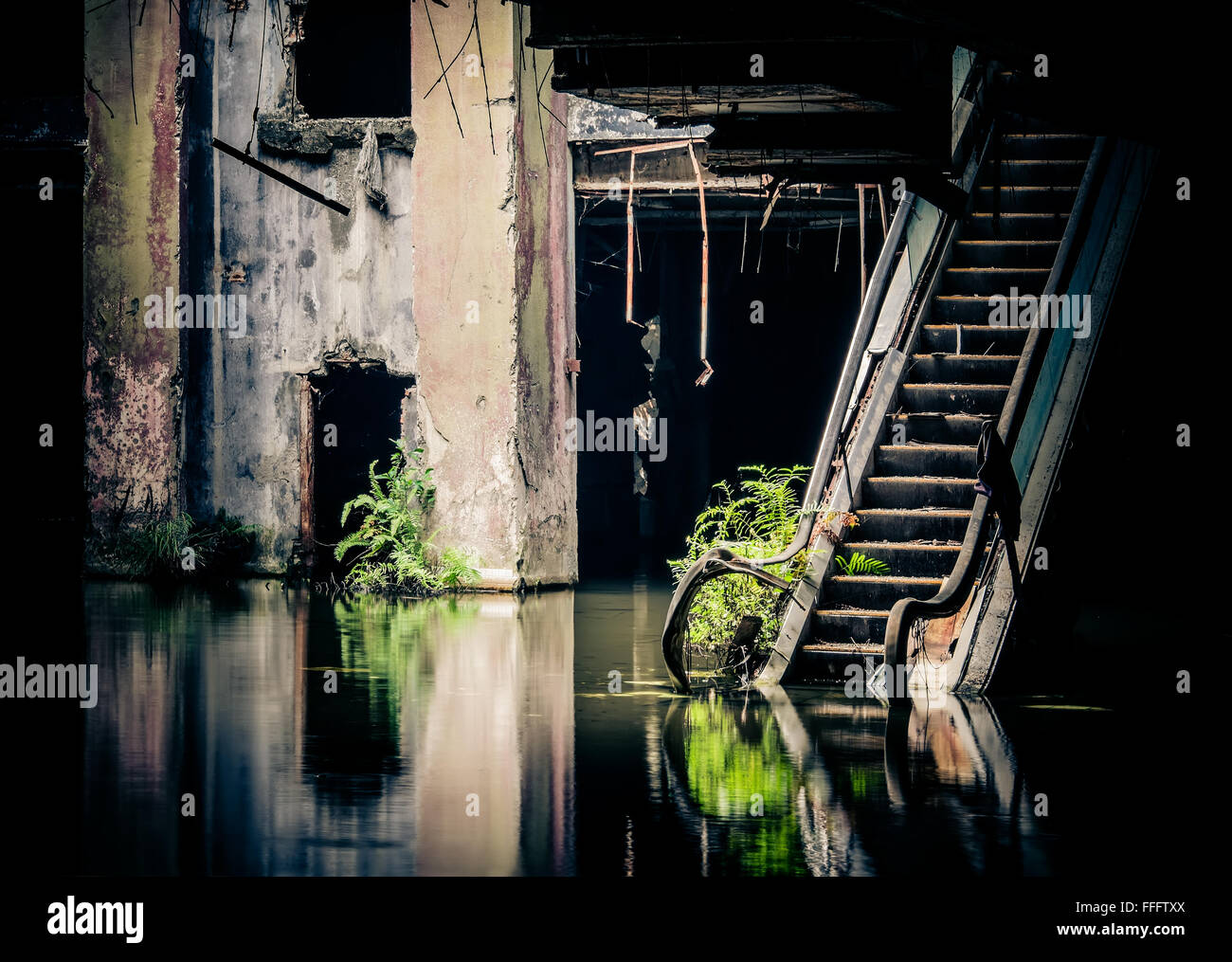 Dramatic view of damaged escalators in abandoned shopping mall sunken ...