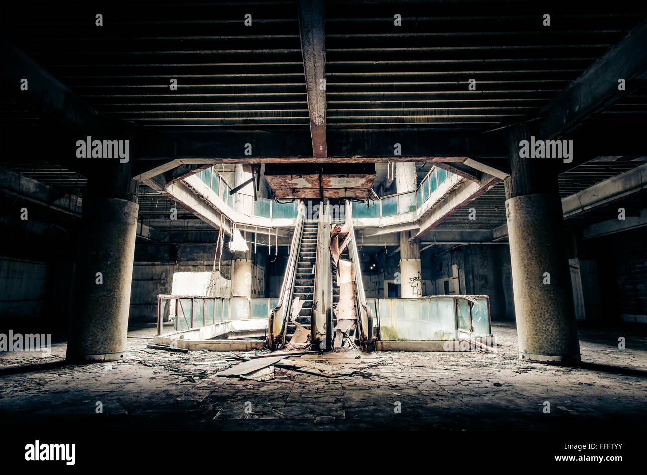 Dramatic view of damaged escalators in abandoned building. Apocalyptic ...