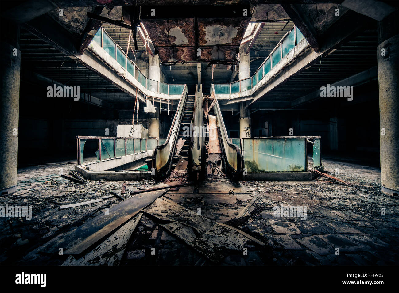 Dramatic view of damaged escalators in abandoned building. Apocalyptic ...