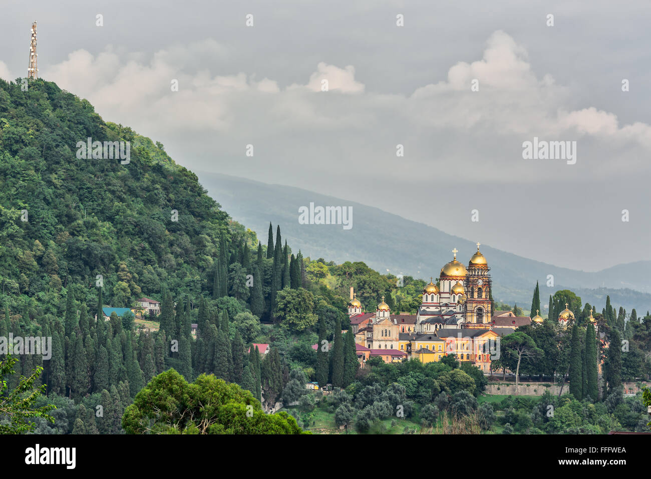 View of New Athos Monastery from Anacopia mountain, New Athos, Abkhazia ...