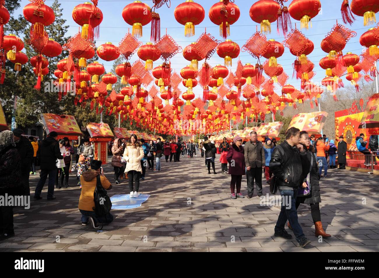 Beijing, China. 13th Feb, 2016. Tourists enjoy themselves at a Spring ...