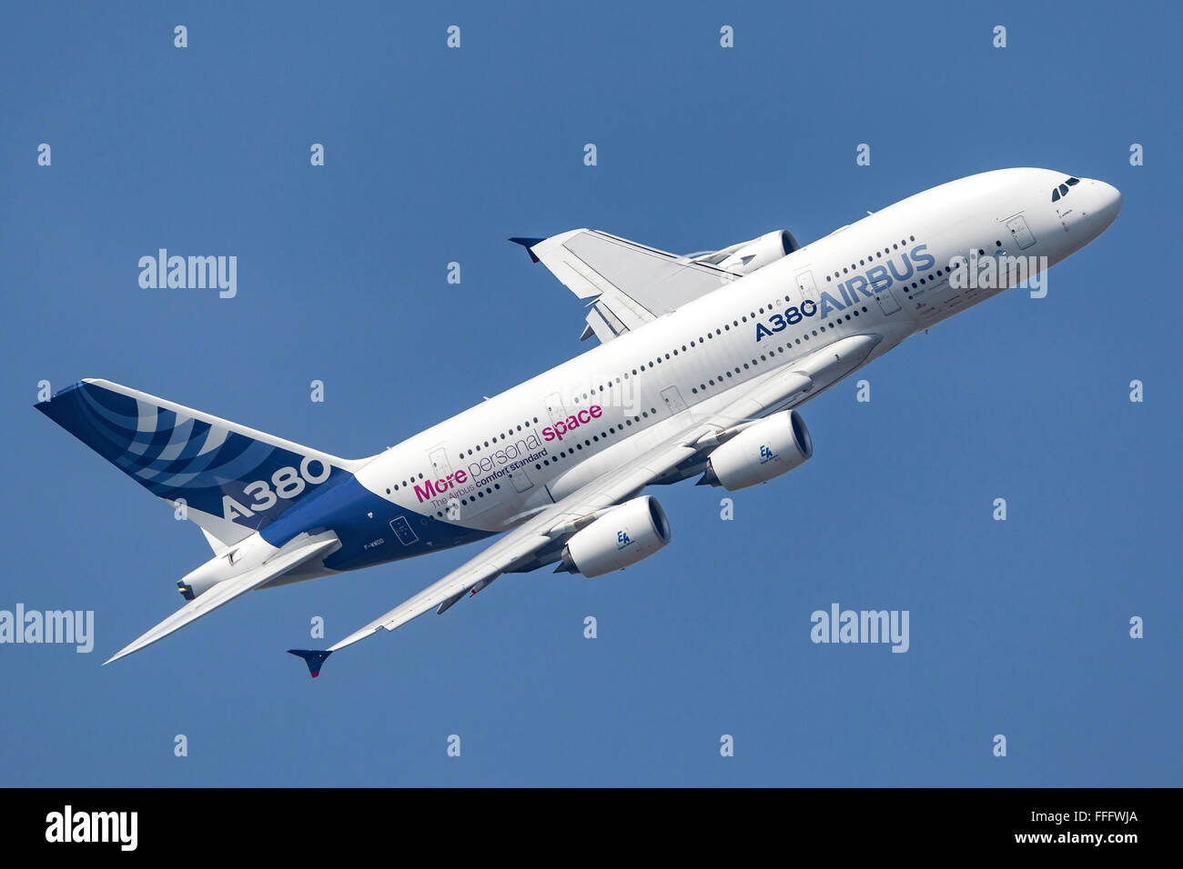 Airbus A380-861 registration F-WWDD flying against a blue sky Stock ...