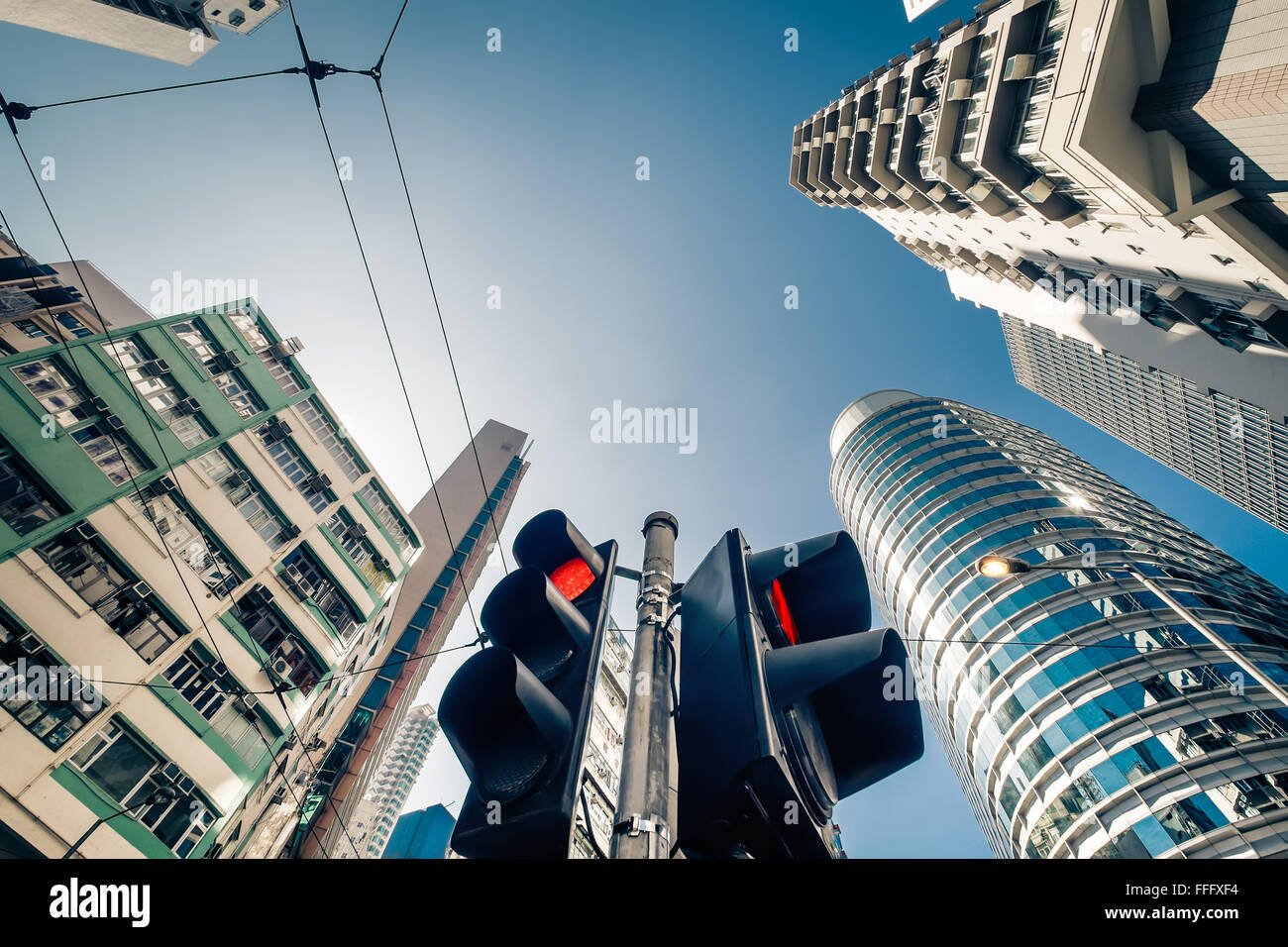 Abstract futuristic cityscape view with modern skyscrapers and traffic ...