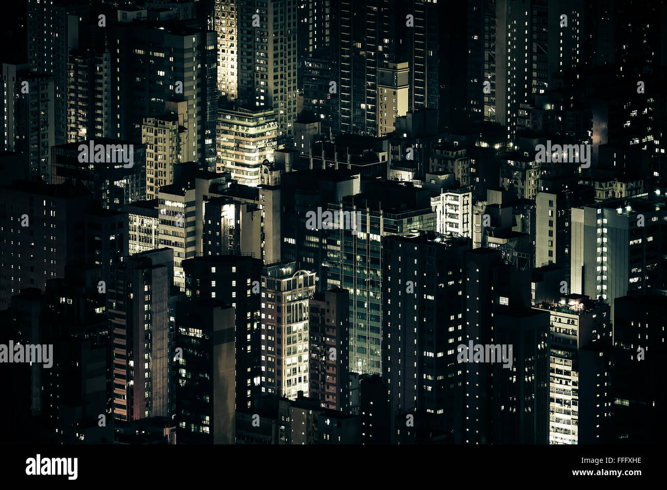 Abstract futuristic night cityscape with illuminated skyscrapers. Hong ...