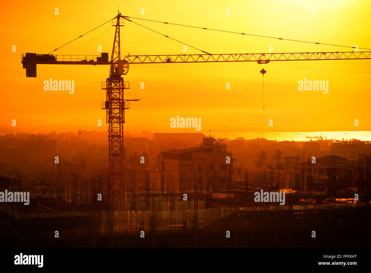 Aerial cityscape panorama view of building construction near the harbor ...