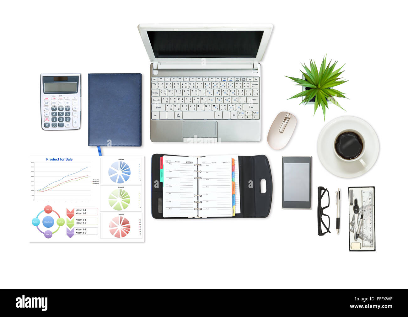 image of flat lay business and financial report on white background ...