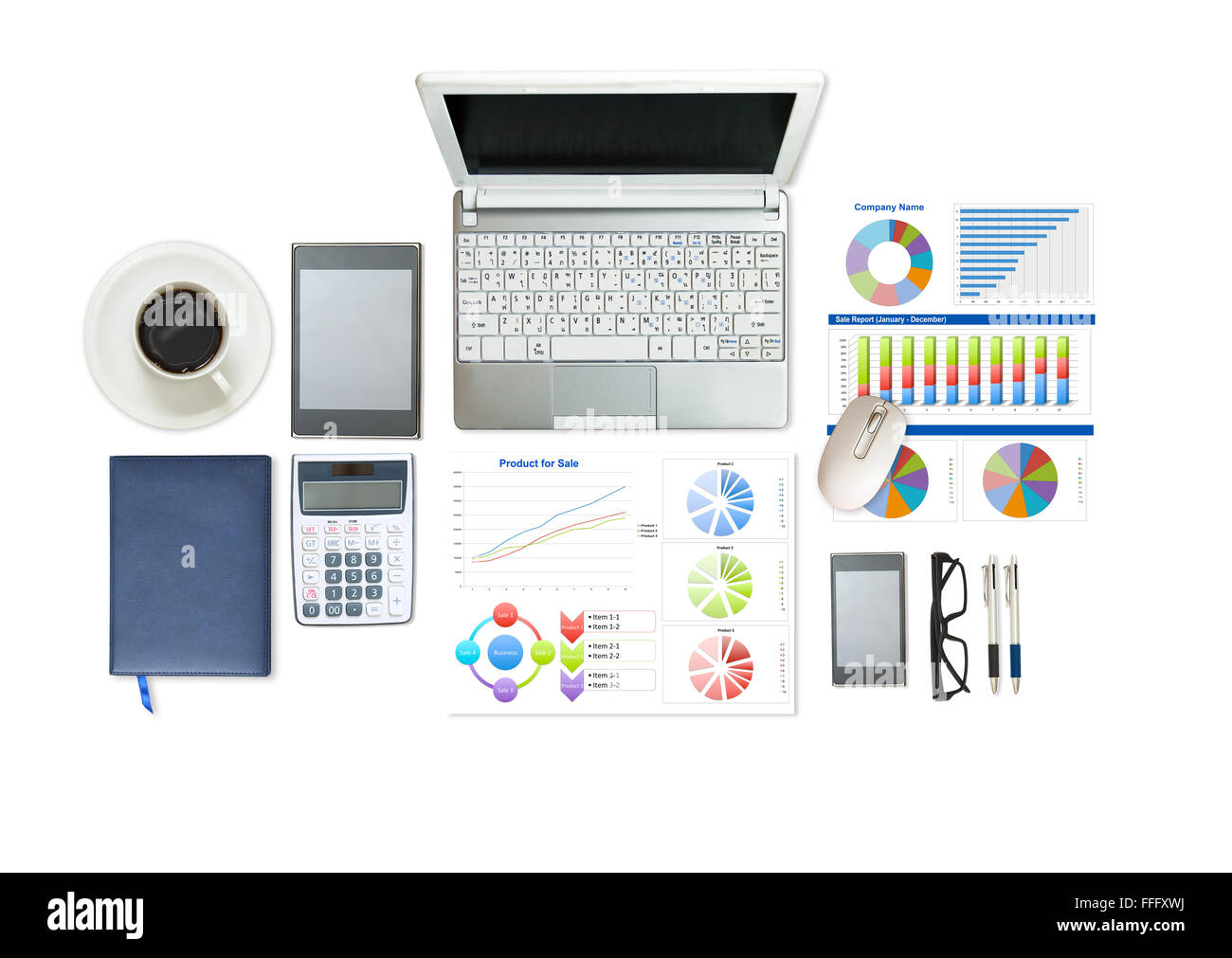 image of flat lay business and financial report on white background ...