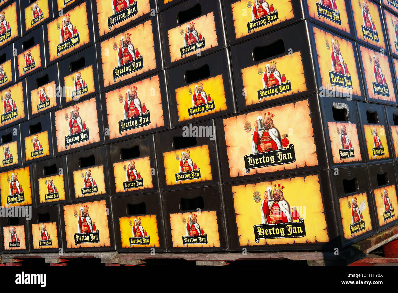 Stack of Hertog Jan Beer crates at Hertog Jan brewery in Arcen Stock ...