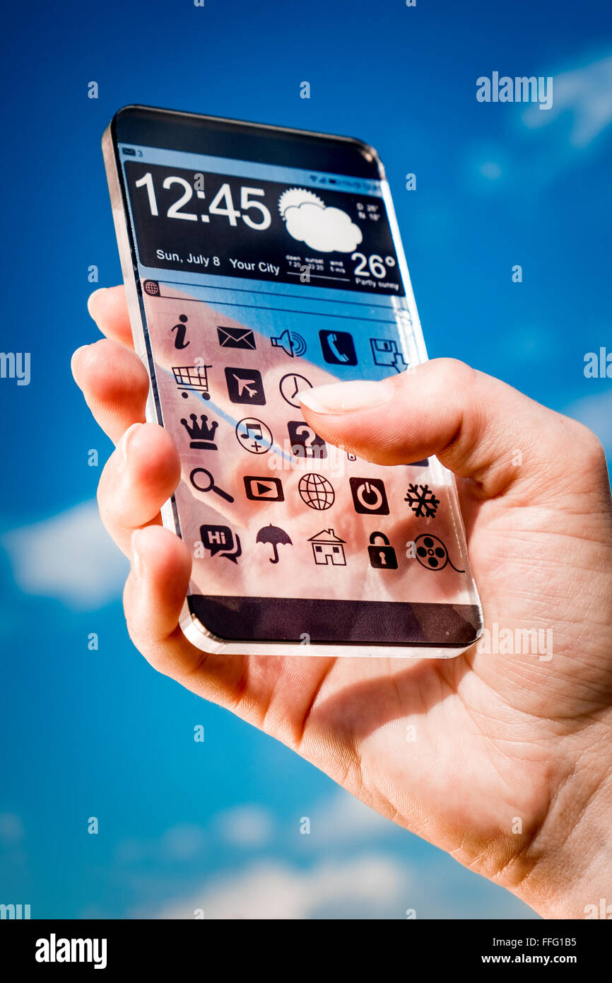 Futuristic Smart phone (phablet) with a transparent display in human ...