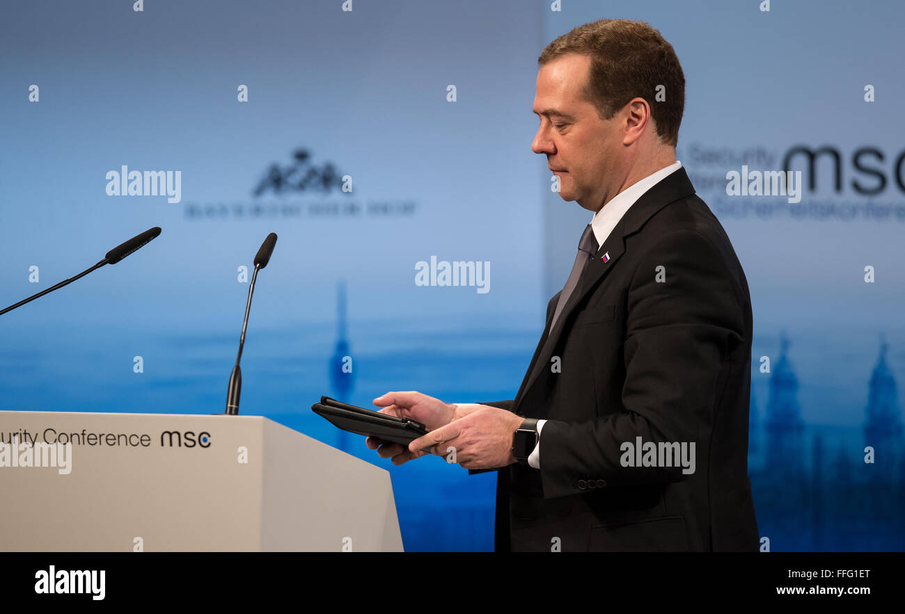 Munich, Germany. 13th Feb, 2016. Russian Prime Minister Dmitry Medvedev ...