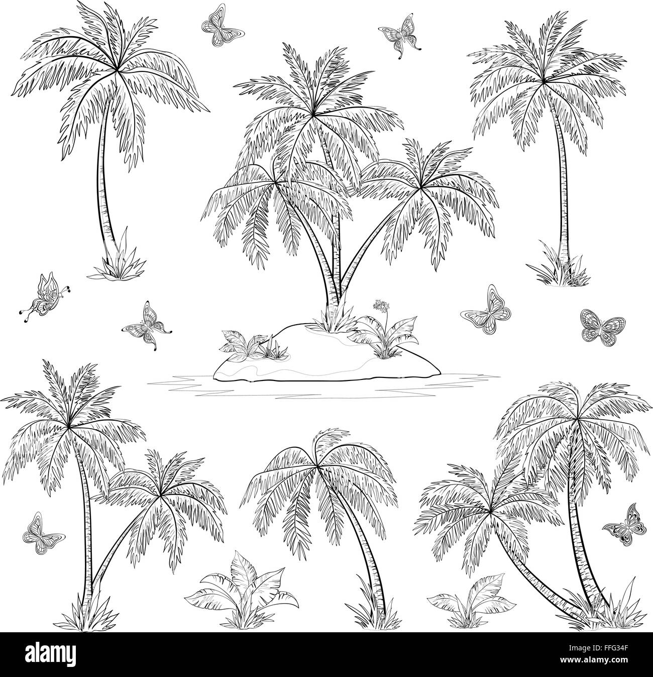 Tropical island, palms and butterflies outline Stock Vector Image & Art ...