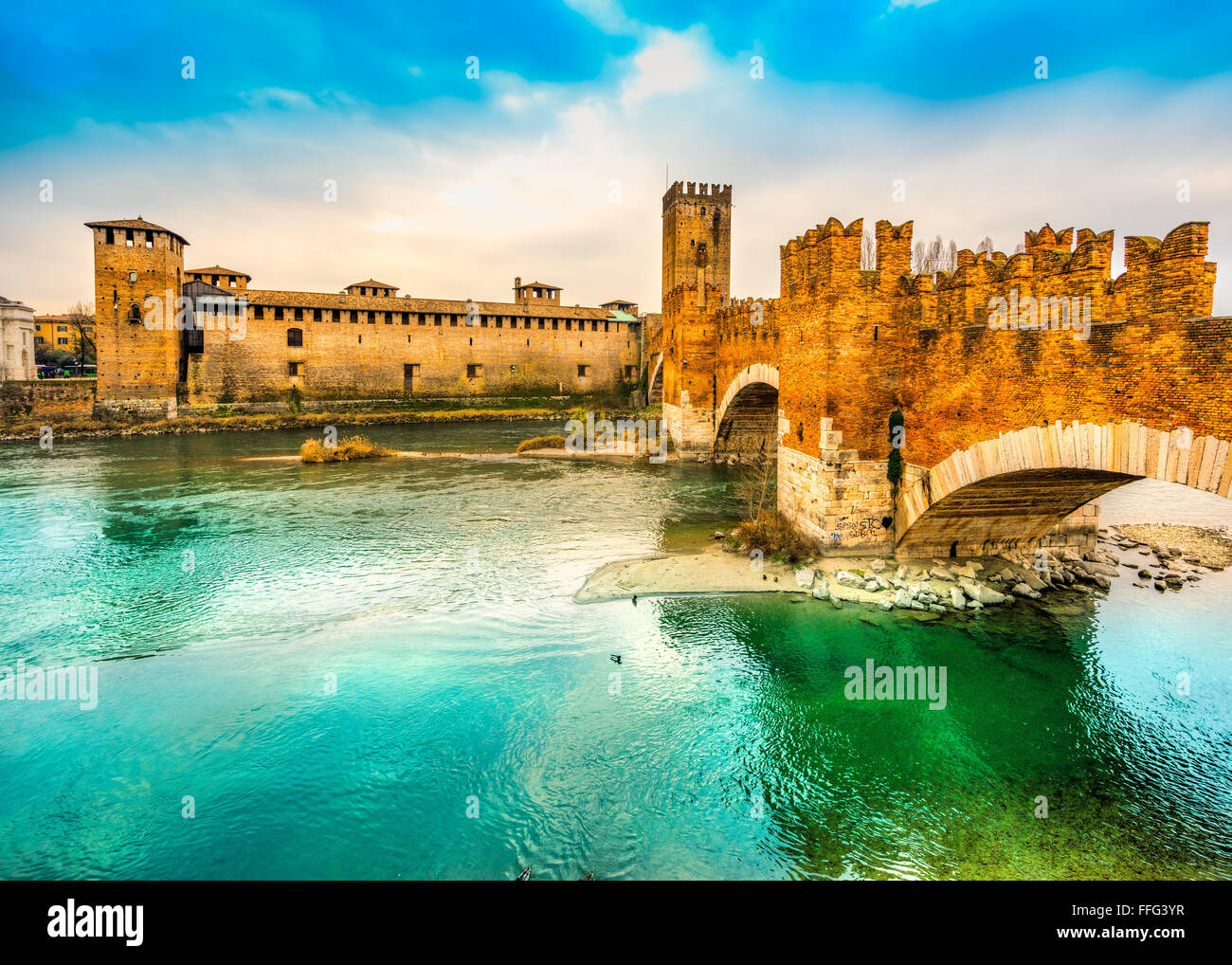 Verona, Italy. Scenery with Adige River and Ponte Scaligero and ...