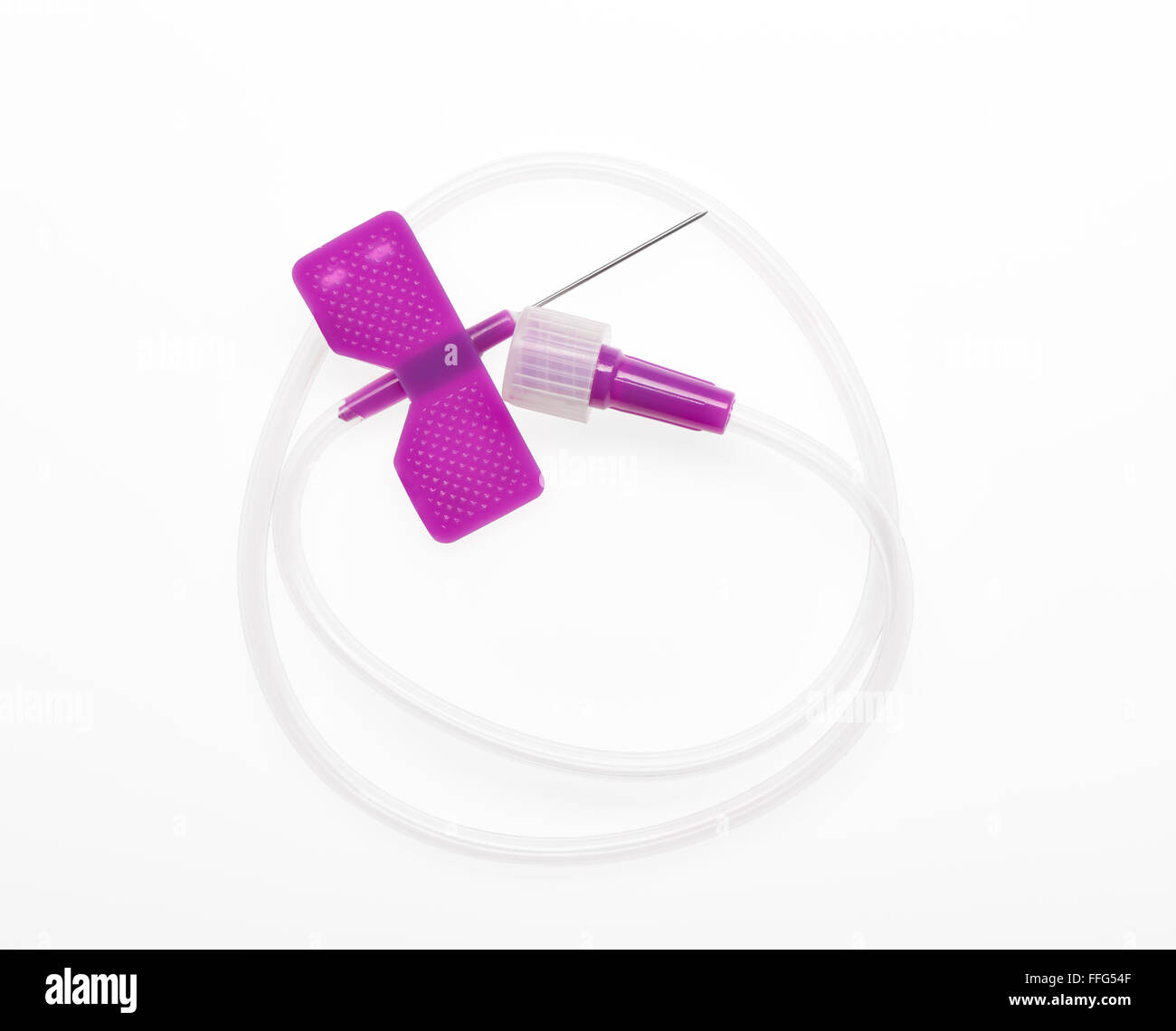 Purple butterfly catheter with open needle isolated on white background ...