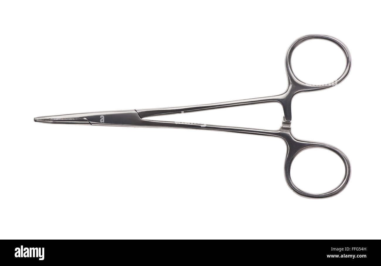 Close up of stainless steel surgical forceps isolated on white ...