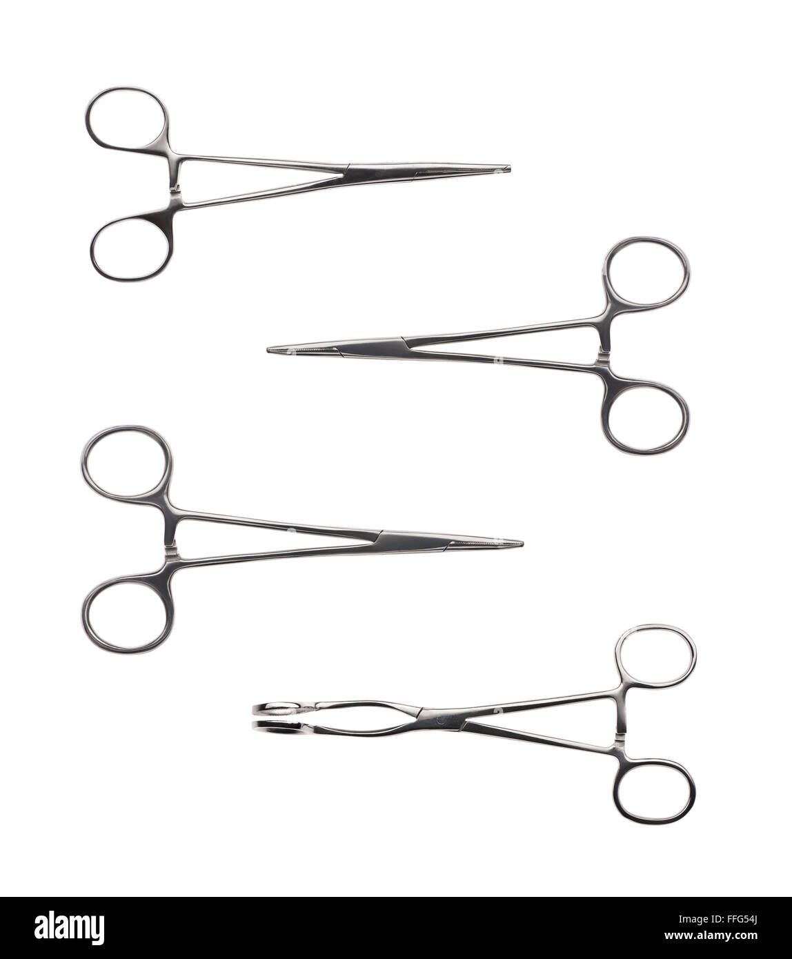 Close up of four different stainless steel surgical forceps isolated on ...