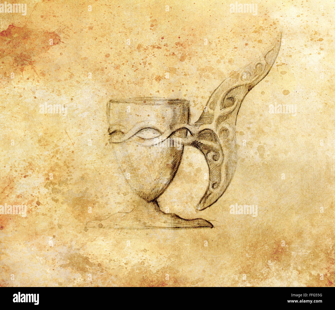 Drawing vintage goblet, draw on old paper. grungle sepia structure ...