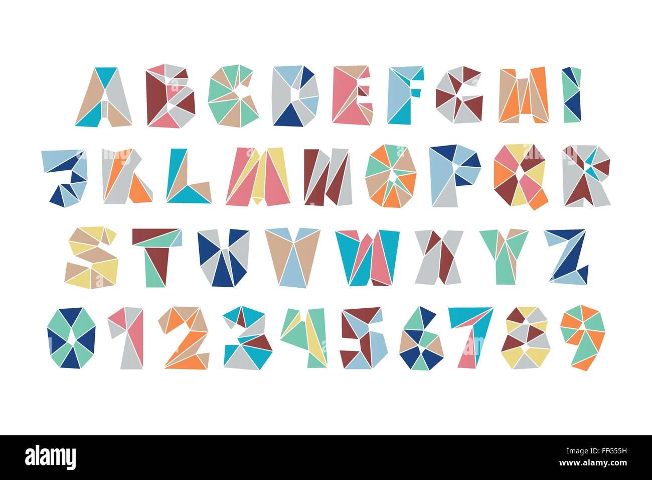 set of isolated fractal style, polygonal alphabet letters and numbers ...