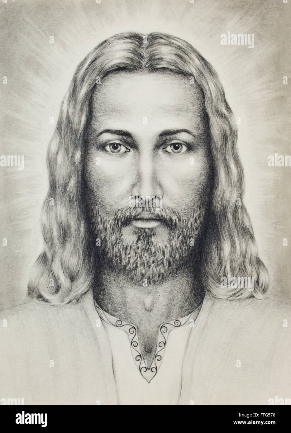 pencils drawing of Jesus on vintage paper, with ornament on clothing ...