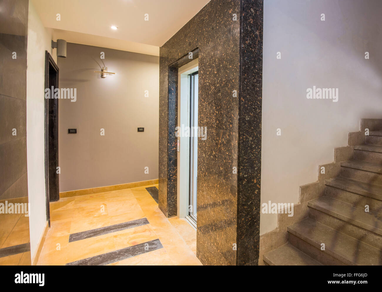 Interior design of a corridor inside a luxury modern apartment building ...