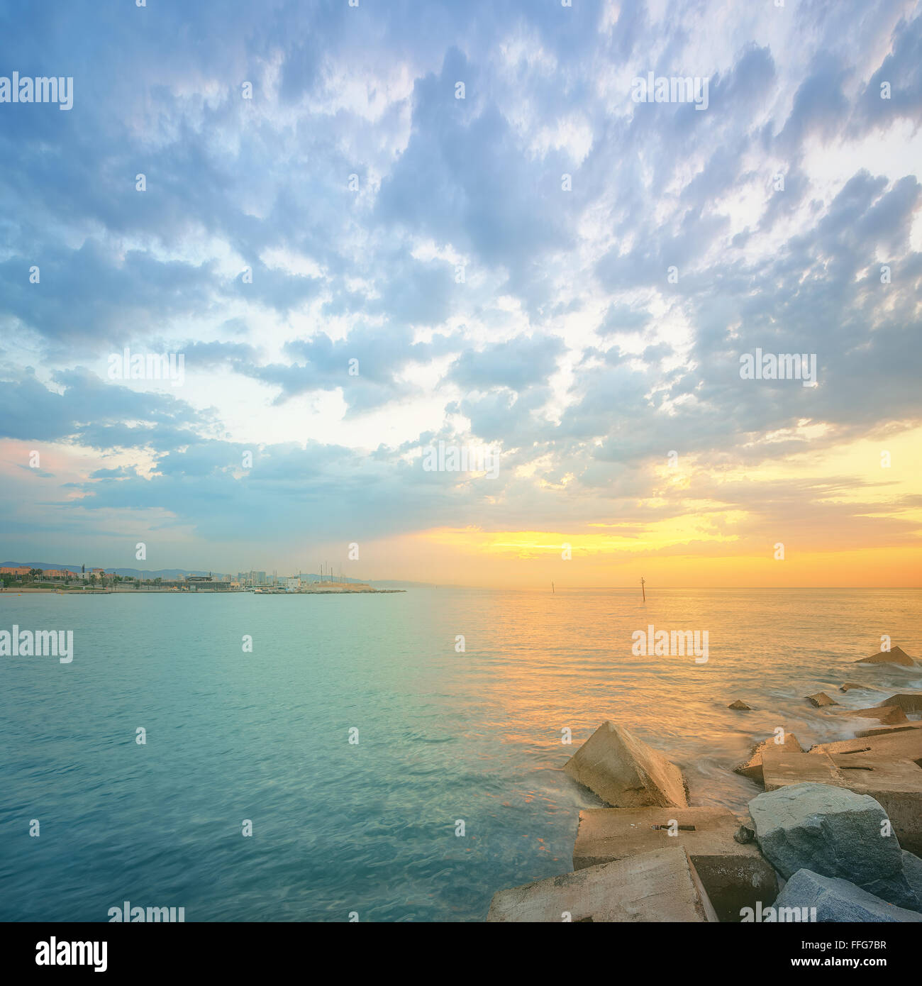 Barceloneta Beach in Barcelona with colorful sky at sunrise Stock Photo ...